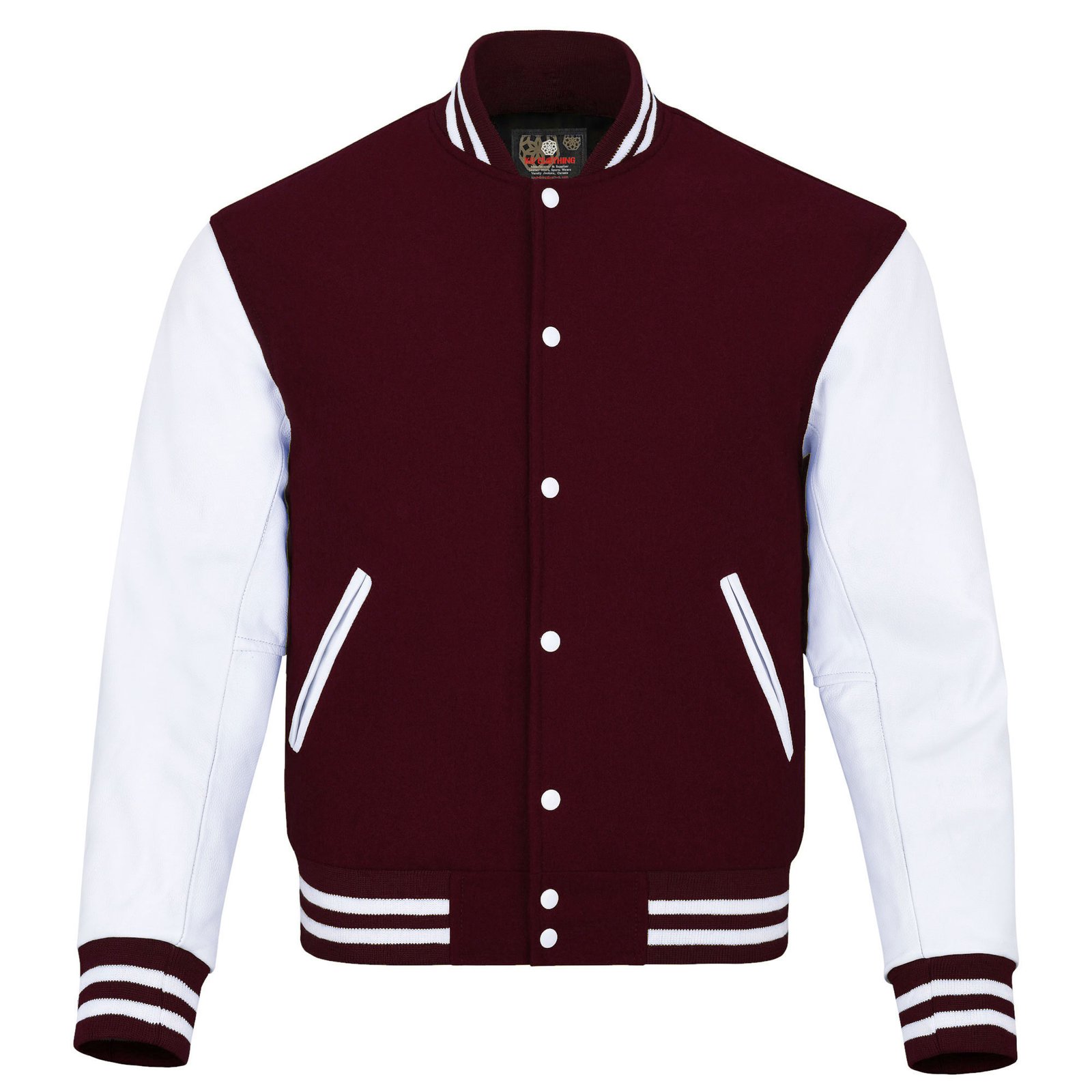 Maroon wool and White Leather Sleeve Varsity Jacket - KU Varsity Jackets