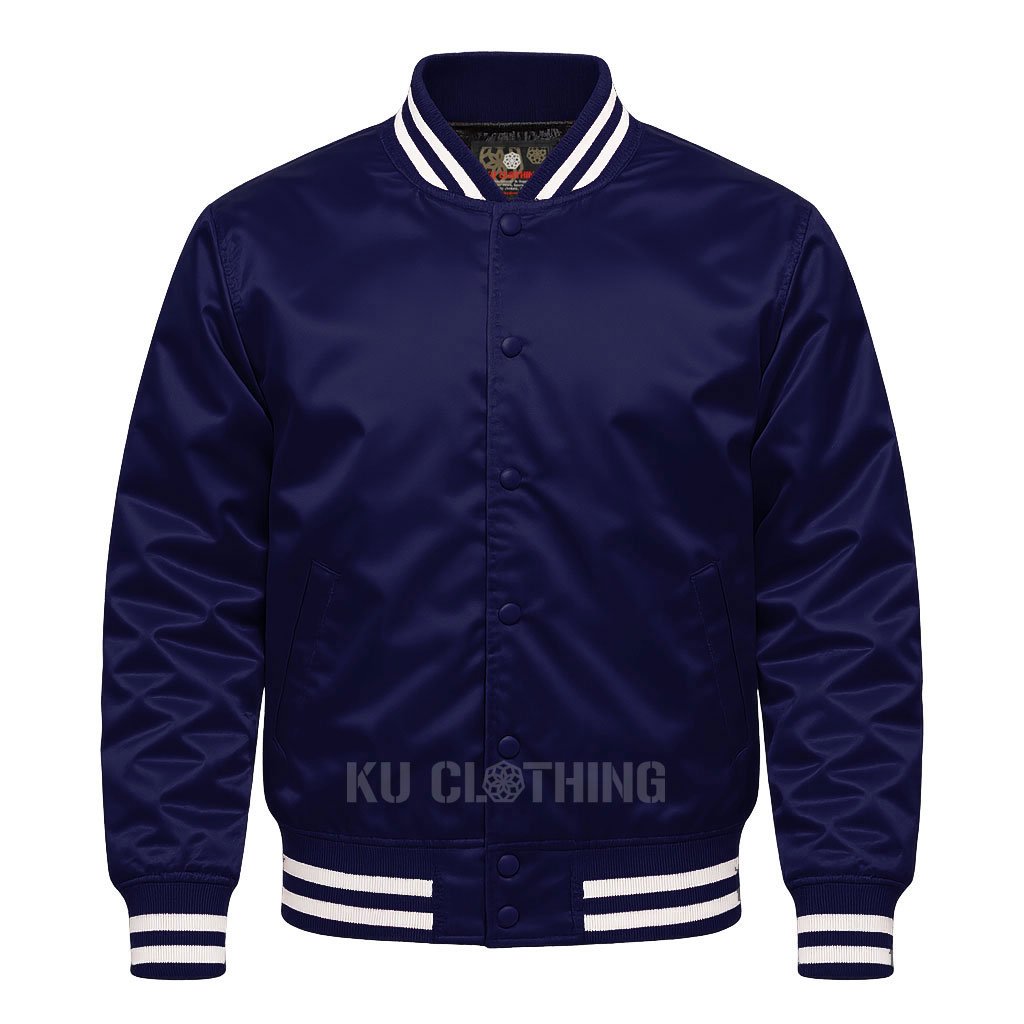 Satin Bomber Varsity Jacket Navy - KU Varsity Jackets