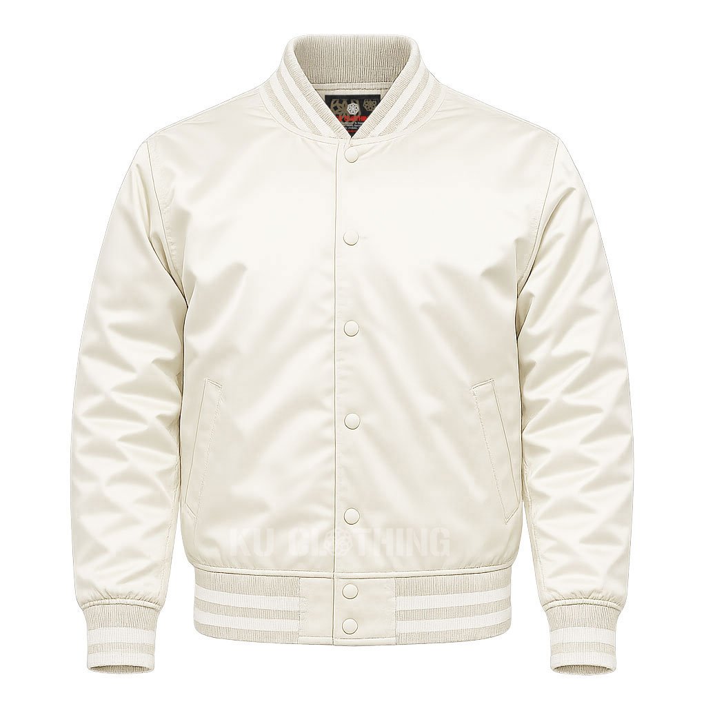 Satin Bomber Varsity Jacket Ivory - KU Varsity Jackets